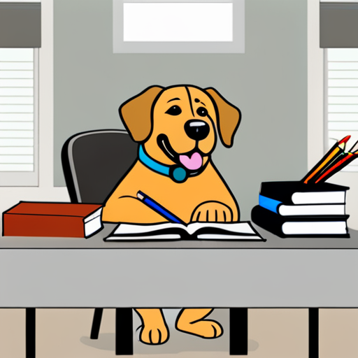 cartoon style happy dog sitting at a desk, writing in a book.