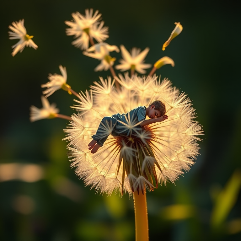 A Dreamy Child Resting on a Giant Dandelion in Nature's Embrace