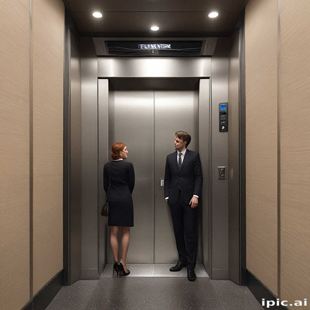 Two Professionals in an Elevator Engaging in Awkward Silence and Glances