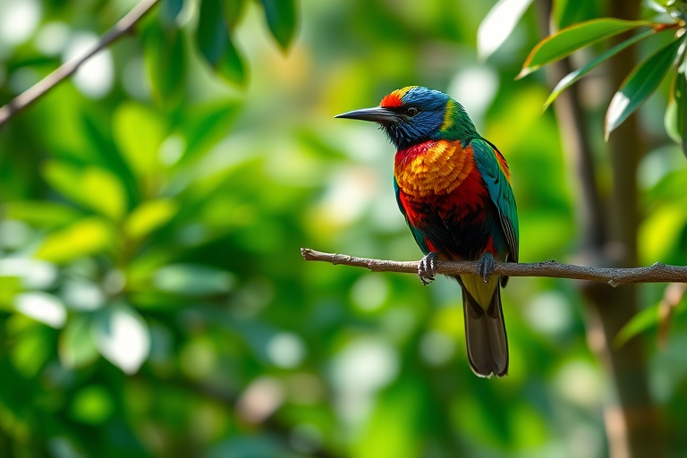 A Colorful Bird Perched Gracefully on a Branch Surrounded by Lush Foliage
