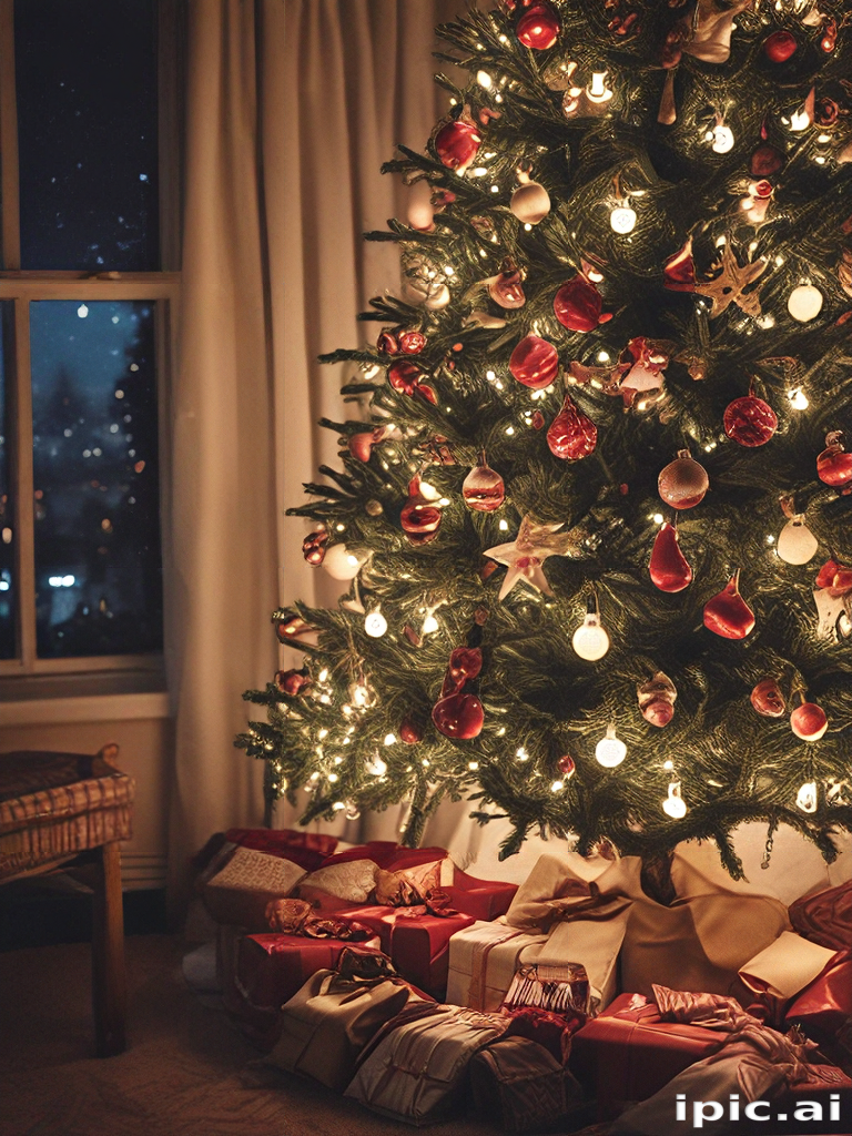 Cozy Christmas Scene Featuring a Beautifully Decorated Tree and Gifts