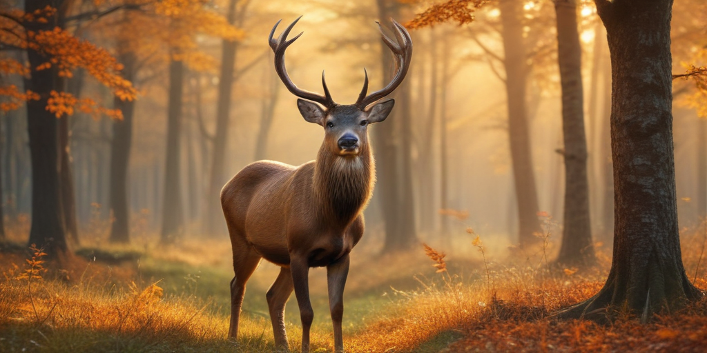 Majestic Stag Standing Gracefully Amidst a Golden Autumn Forest Landscape