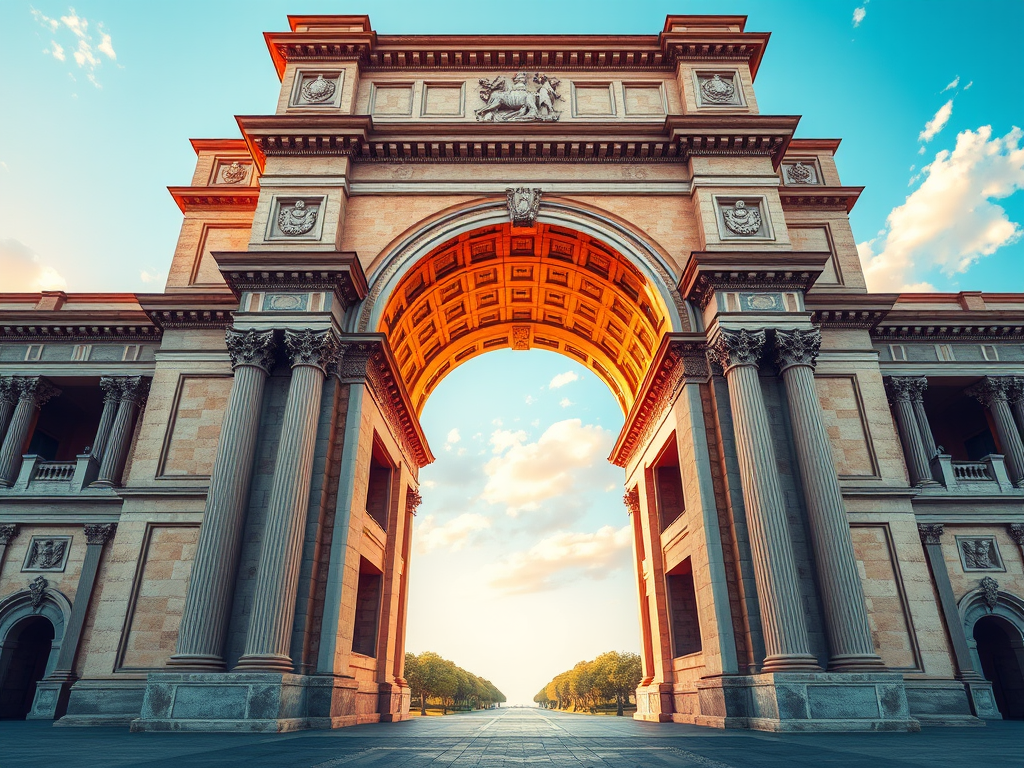 Create a high-resolution illustration of a monumental arch with ...