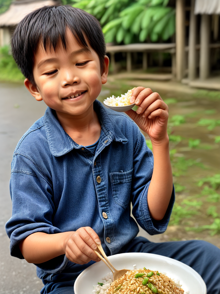 A person from Asia eating rice