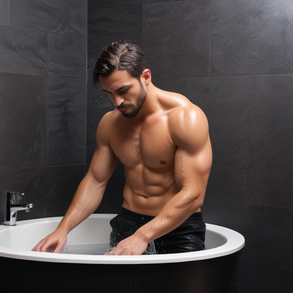 a muscular man washing himself in a black luxury bathroom, there's ...
