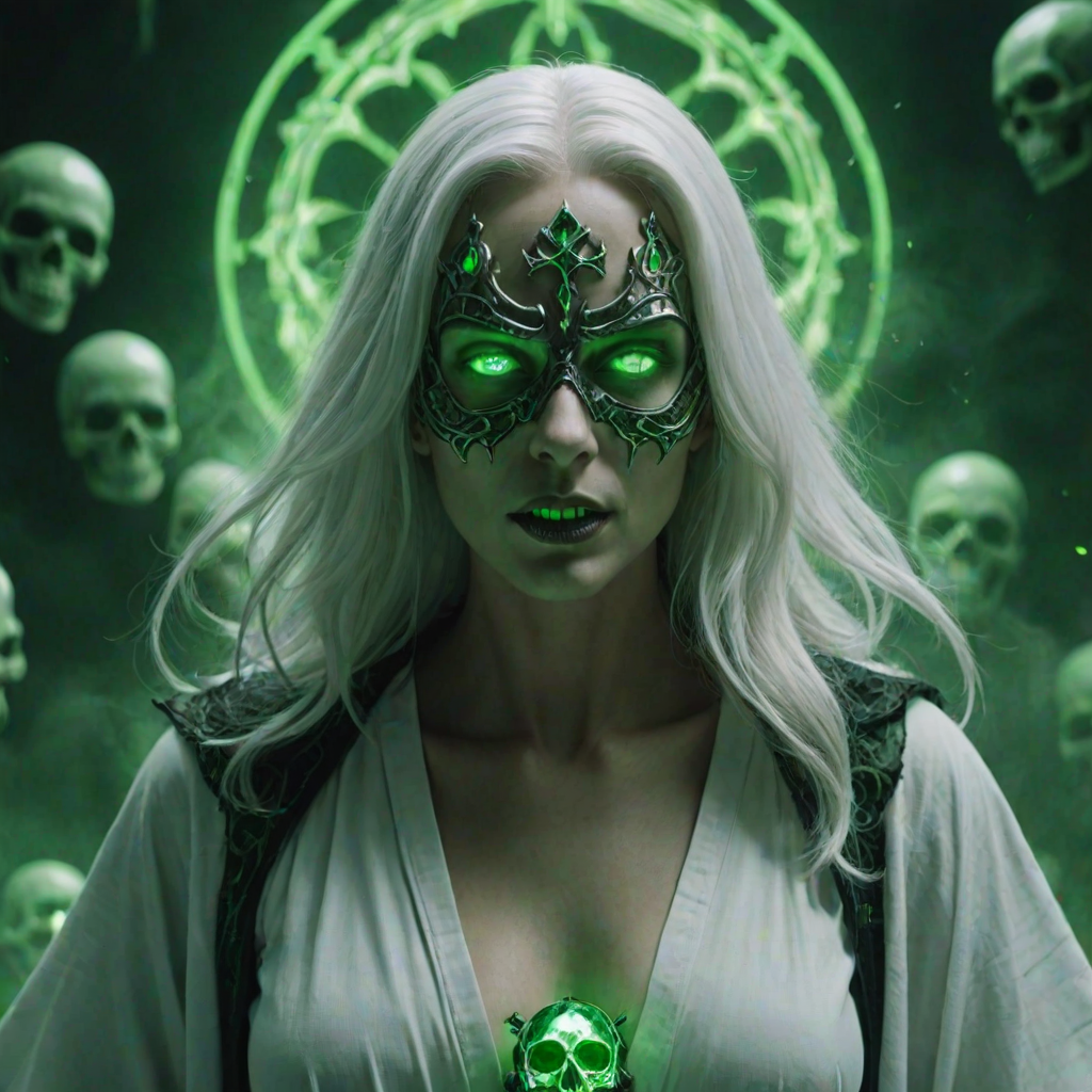 Enchanting Sorceress in a Green Mask Surrounded by Glowing Skulls and ...