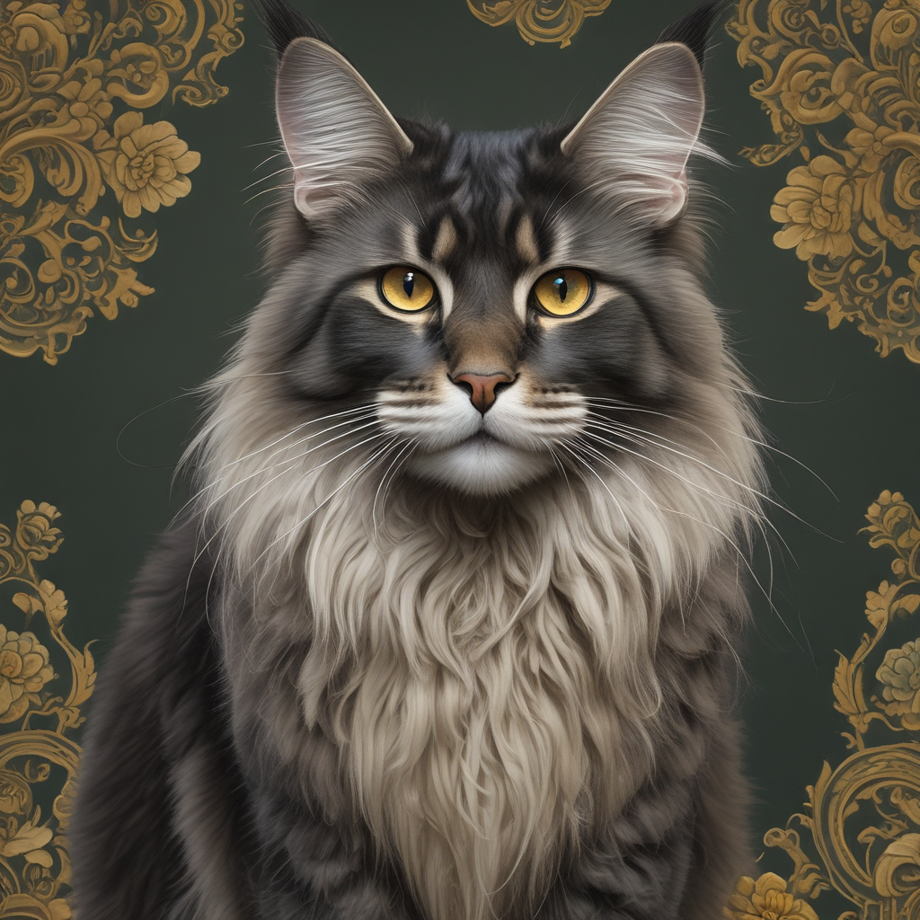 Ultra Realistic, Hyper Resolution , Hyper Detailed , Maine Coon Black cat yellow eyes staying on ...