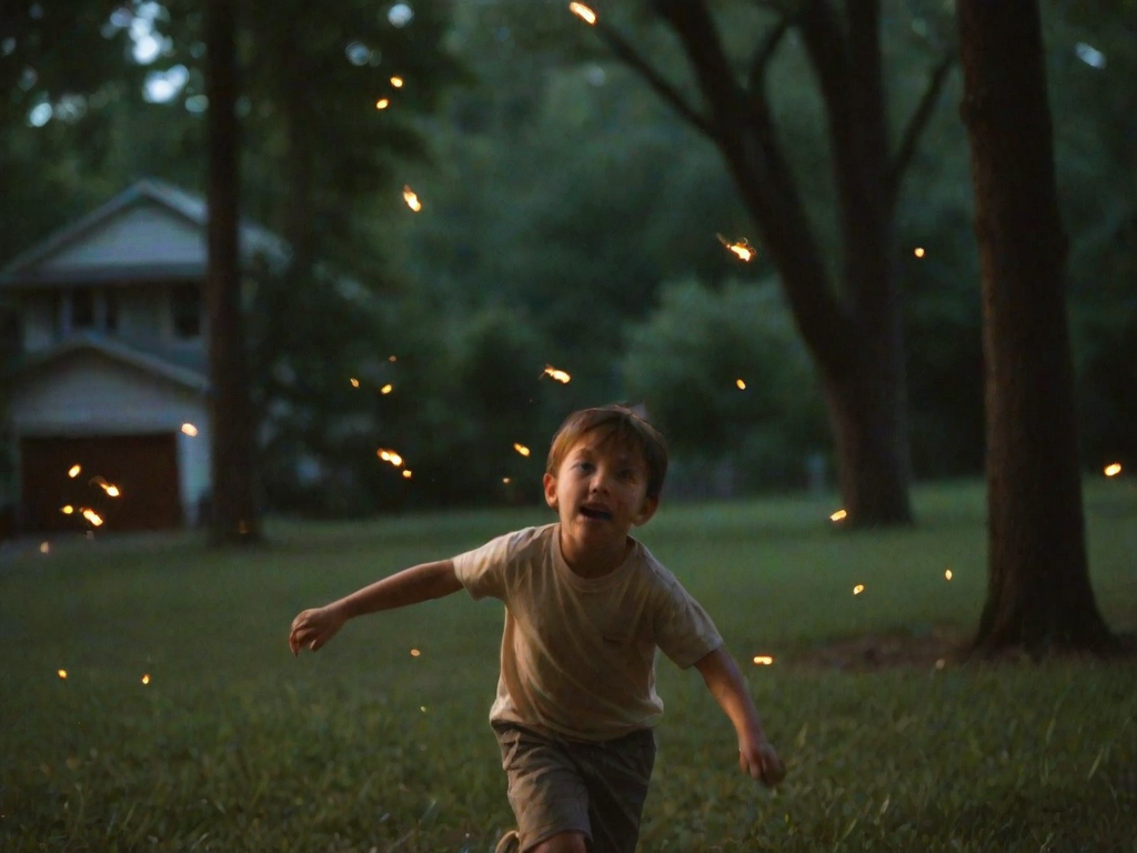 A Joyful Child Running Through a Sparkling, Twilight-Lit Backyard ...