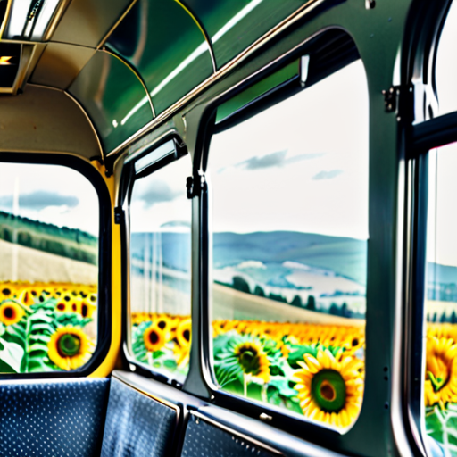sitting next to window on bus, sunflower, scenery,