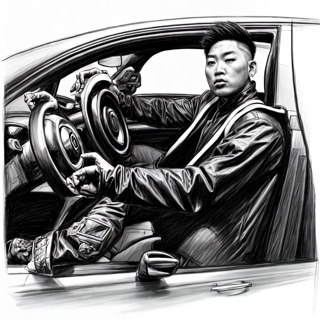 ONE ASIAN RAPPER SITING IN THE CAR WITH HIP HOP DANCERS. CLOSE-UP ...