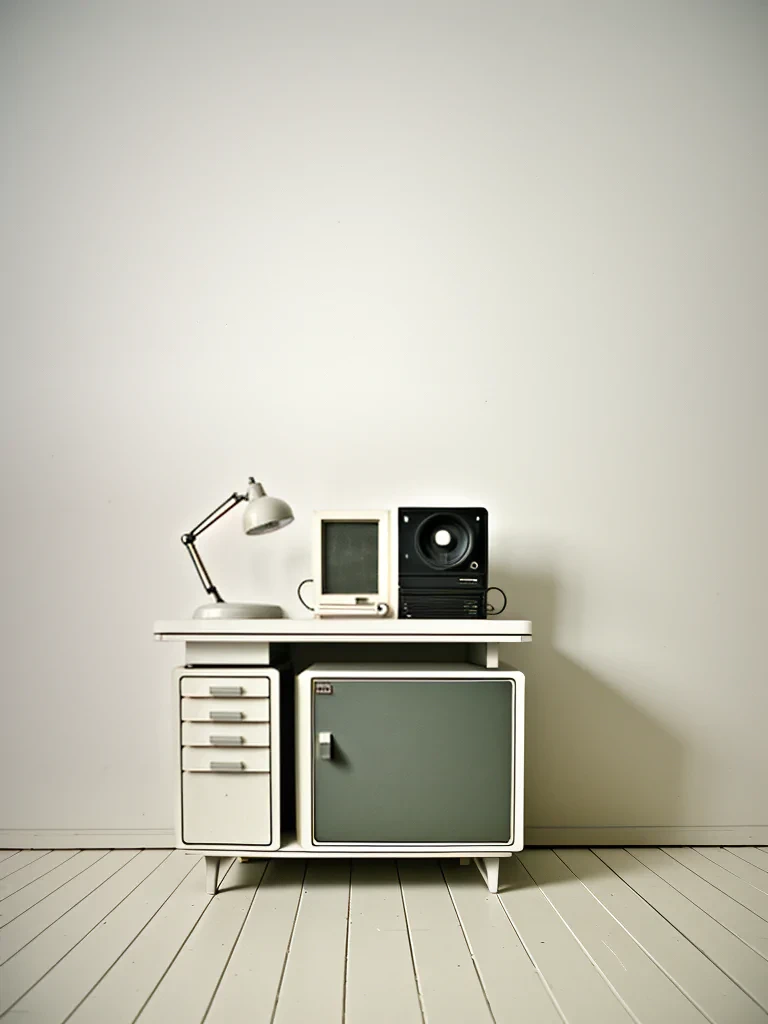 Modern Minimalist Desk Setup Featuring Retro Appliances and Stylish ...
