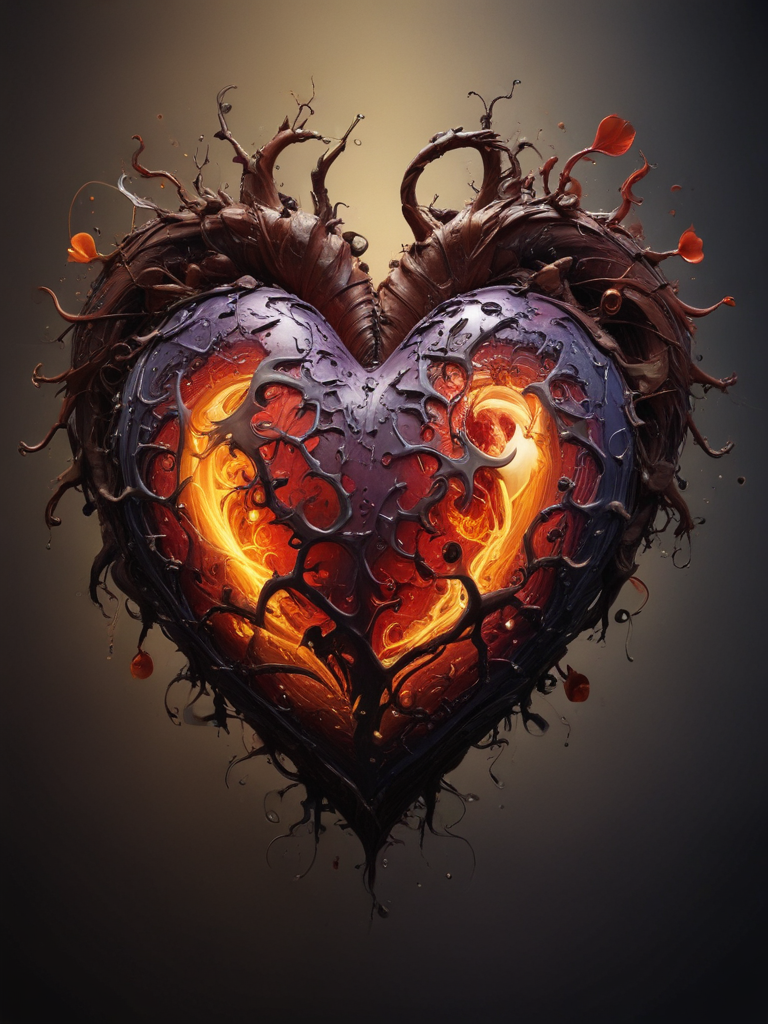 Fiery Heart Surrounded by Twisted Vines Symbolizing Passion and Love