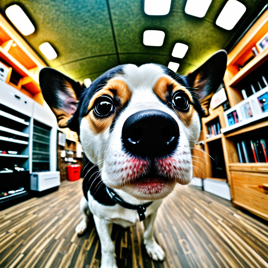 cute dog sniffing the fisheye lens camera