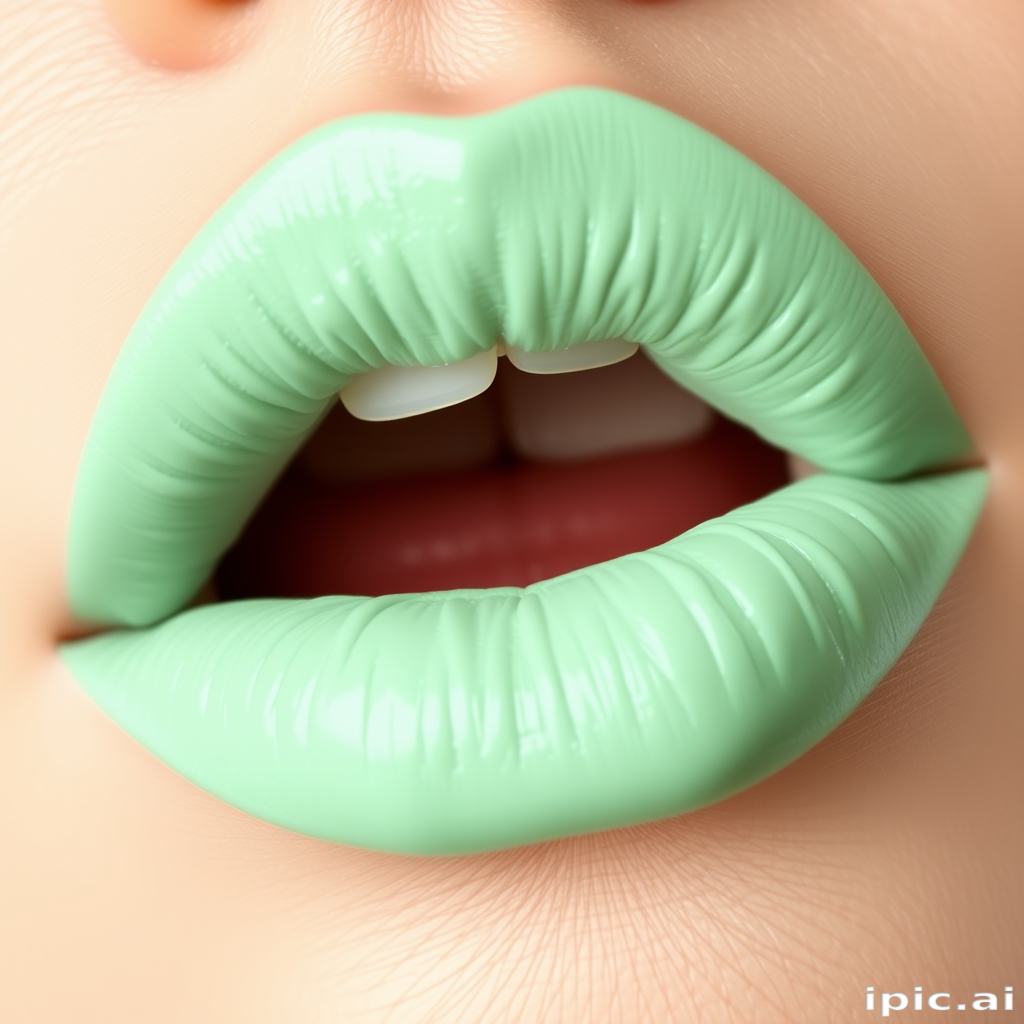 Close-Up of Glossy Mint Green Lips with Subtle Texture and Shine