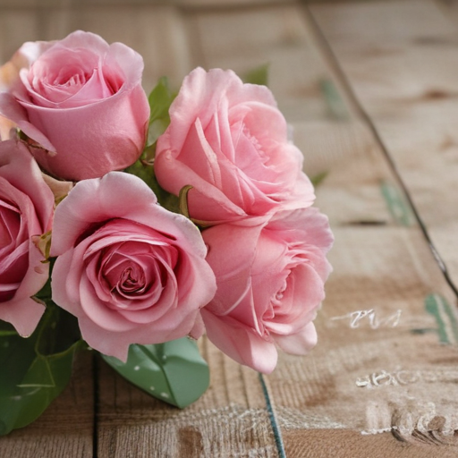 Beautiful Arrangement of Soft Pink Roses on a Rustic Wooden Table
