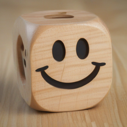 big wooden die with smiley face on one side realistic