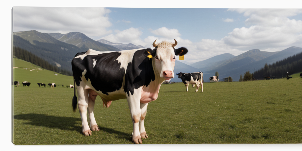 A Serene Pastoral Scene Featuring Cows Grazing in a Lush Green Meadow.
