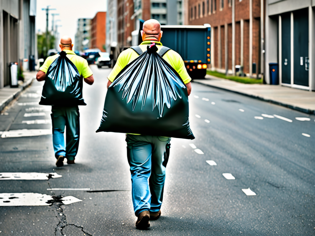 realistic handsome bald older muscular garbagemen from behind carrying ...