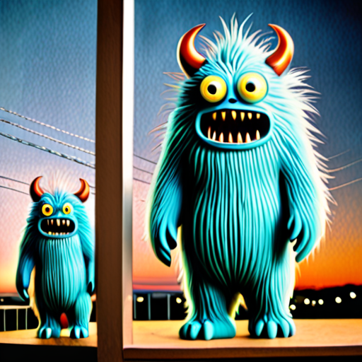 Photo realistic mid century realistic creepy fluffy light blue monsters