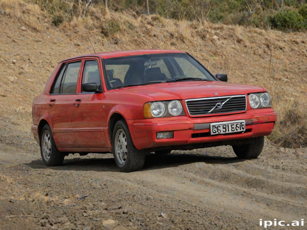 Classic Red Volvo Sedan Navigating a Rough and Dusty Terrain Road