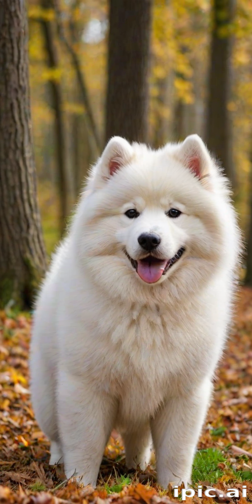 A Happy, Fluffy Samoyed Dog Enjoying a Beautiful Autumn Day Outdoors.
