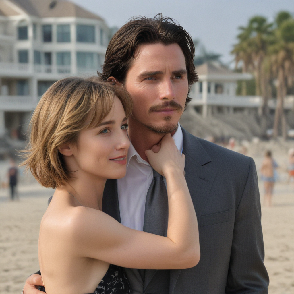Christian bale as bruce wayne in suit and allison mack in bikini ...