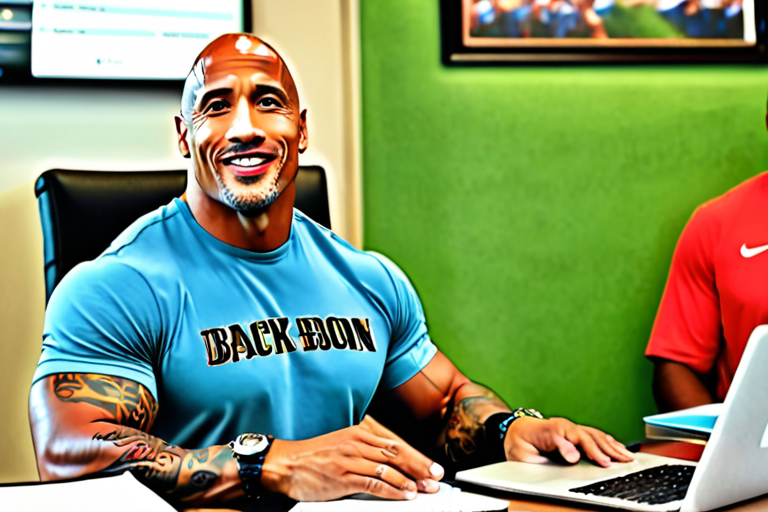 a laptop displaying Dwayne "The Rock" Johnson giving an online tutoring ...