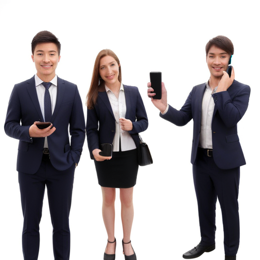 Three Professionals in Business Attire Engaging with Smartphones and ...
