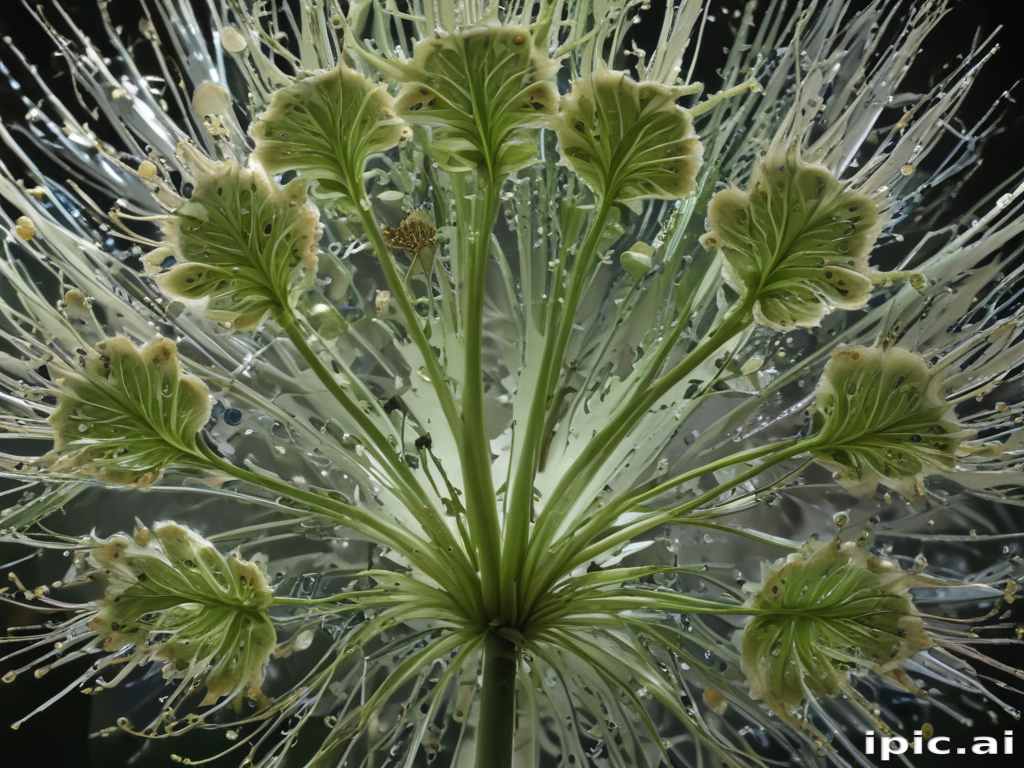Intricate Floral Design with Striking Green Leaves and Bubbly Background