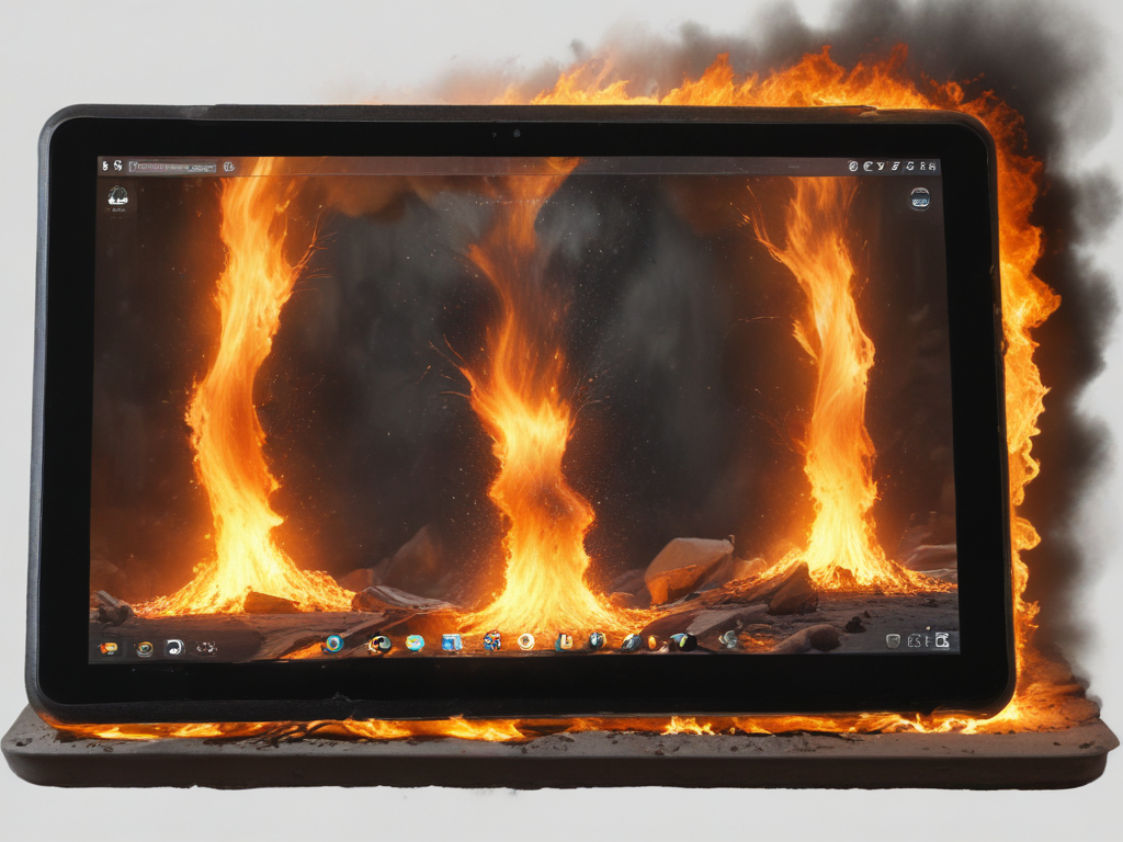 Tablet Device Surrounded by Fiery Flames Creating a Dramatic Visual ...