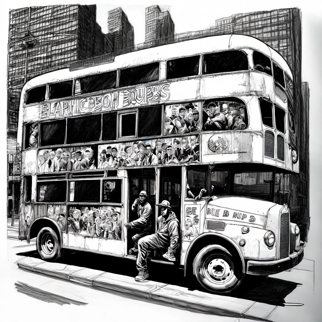 THE hip hop BUS on the street. COMIC BOOK. SKETCH STYLE. BLACK AND WHITE.