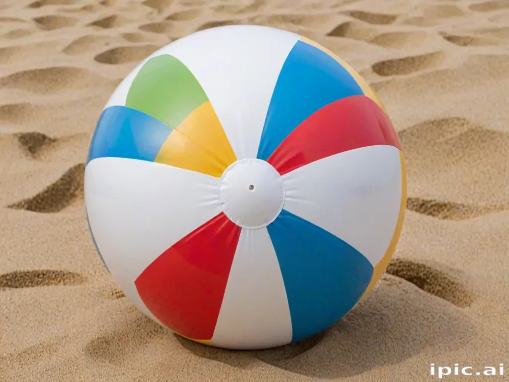 A Colorful Beach Ball Sitting on Soft Sand at the Shore.
