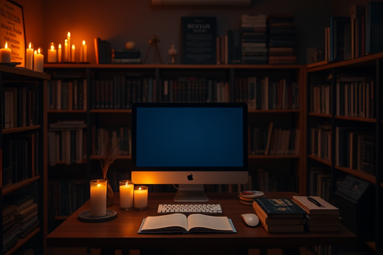a cozy workspace with a glowing computer screen in a dimly lit room ...