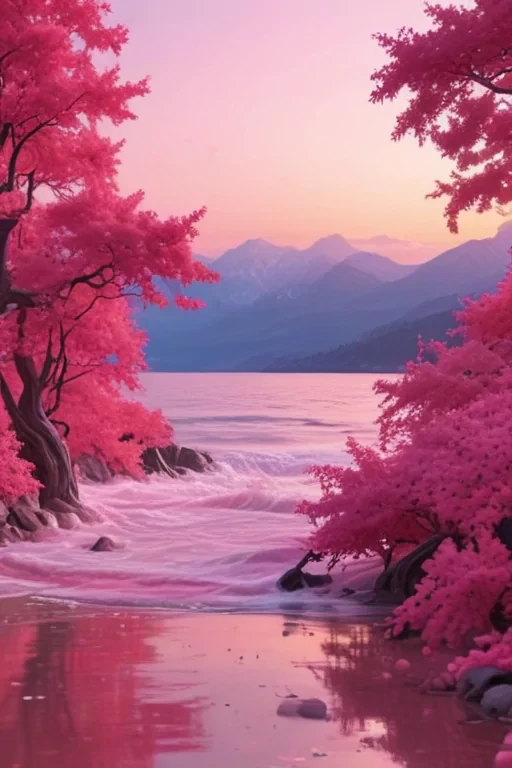 Serene Sunset Over Tranquil Waters Surrounded by Vibrant Pink Trees
