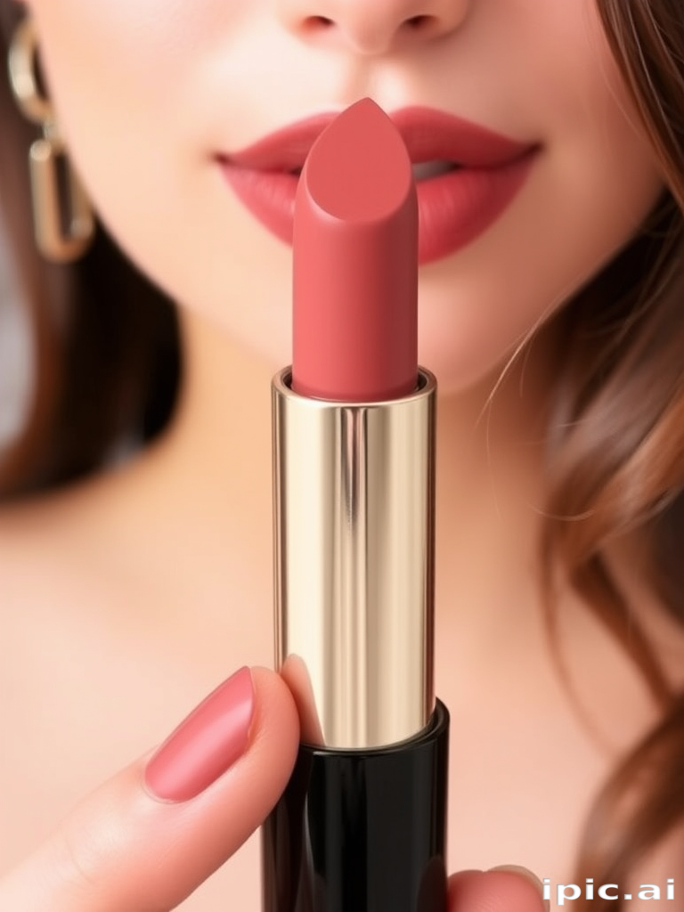 Close-Up of a Woman Holding a Stylish Pink Lipstick Tube
