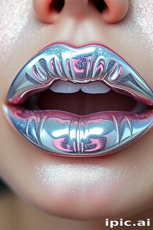 Exquisite Close-Up of Metallic Lips with a Shimmering, Reflective Finish