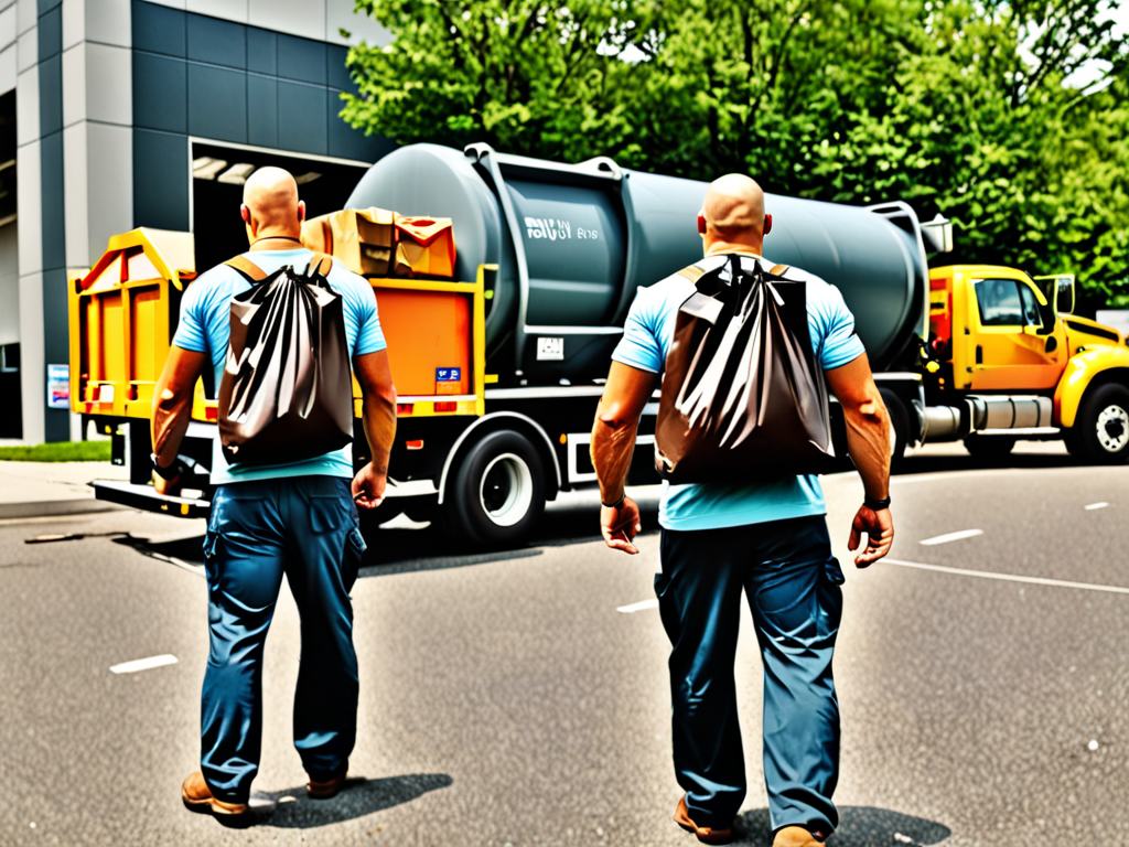 realistic handsome bald muscular garbagemen from behind carrying brown ...