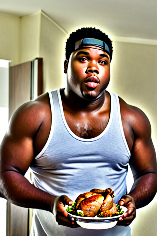 fat black man eating chicken