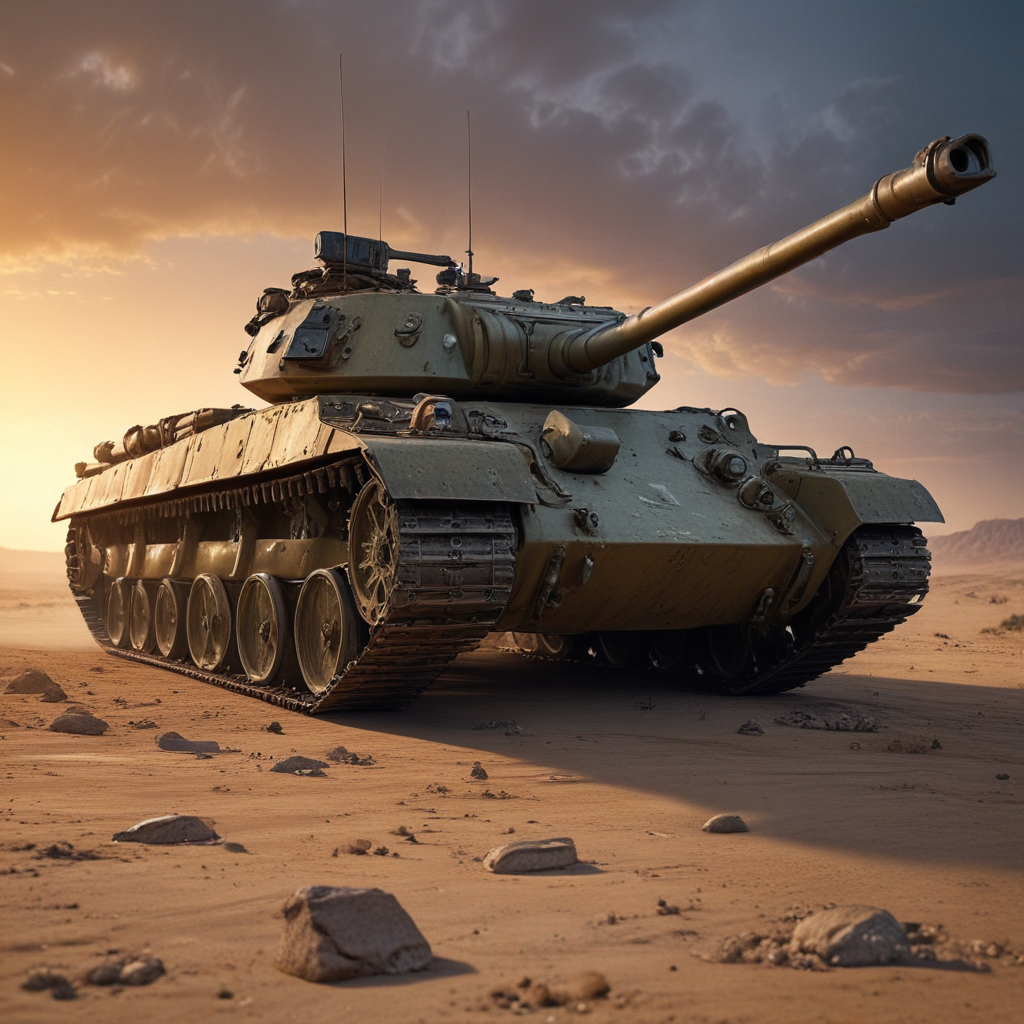 Desert Landscape at Sunset Featuring a Classic Military Tank on Display