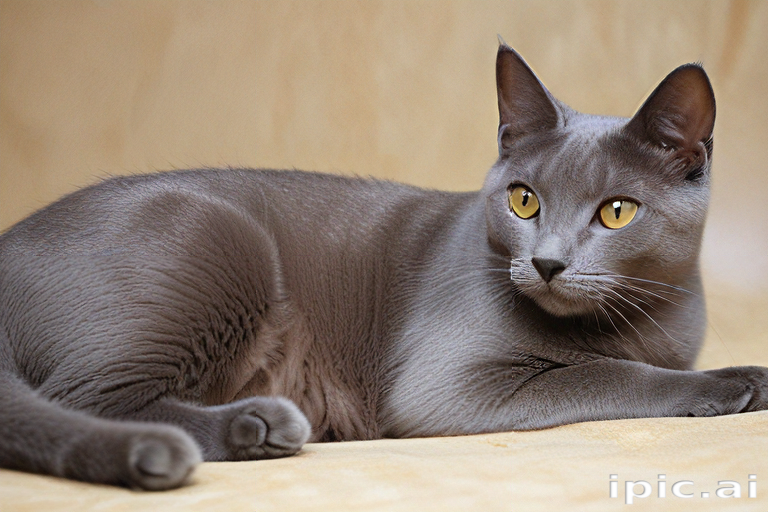 A Graceful Gray Cat Relaxing Comfortably on a Soft Surface.