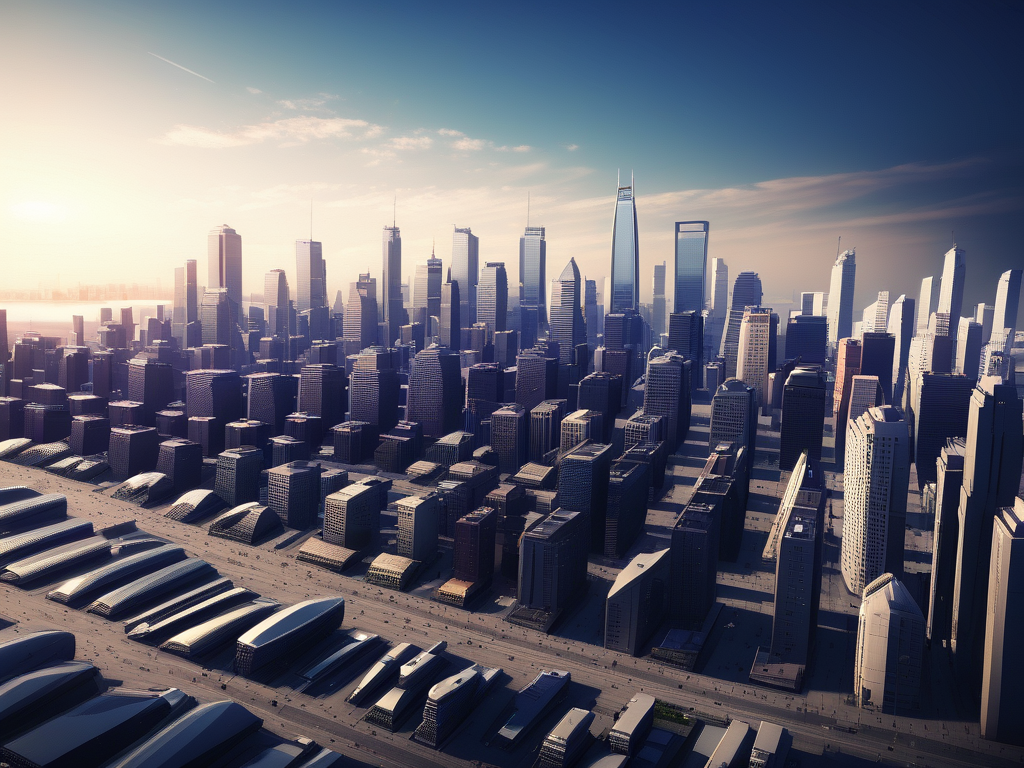 Aerial View of a Modern City Skyline with Skyscrapers Under Clear Blue Sky