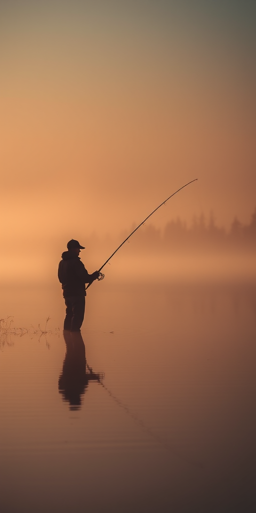 Serene Early Morning Fishing: A Solitary Angler in Misty Waters