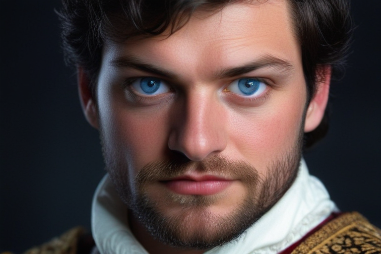 tudor era knight, handsome, dark hair, blue eyes, short beard, smirking