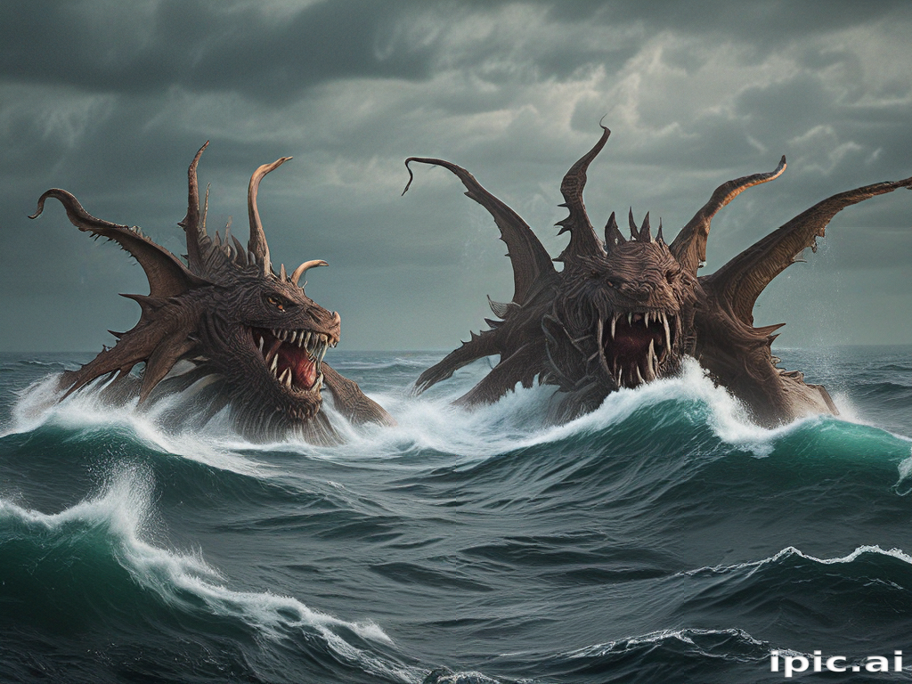 Epic Battle of Two Mythical Sea Serpents Roaring Amidst Churning Waves