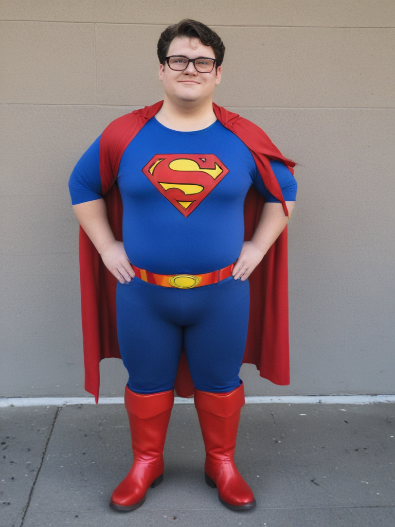 Realistic chubby college nerd guy, full body, realistic superman ...