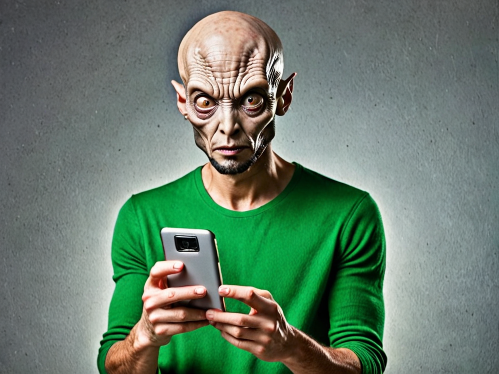 man turns into half alien and half man while looking at a smartphone