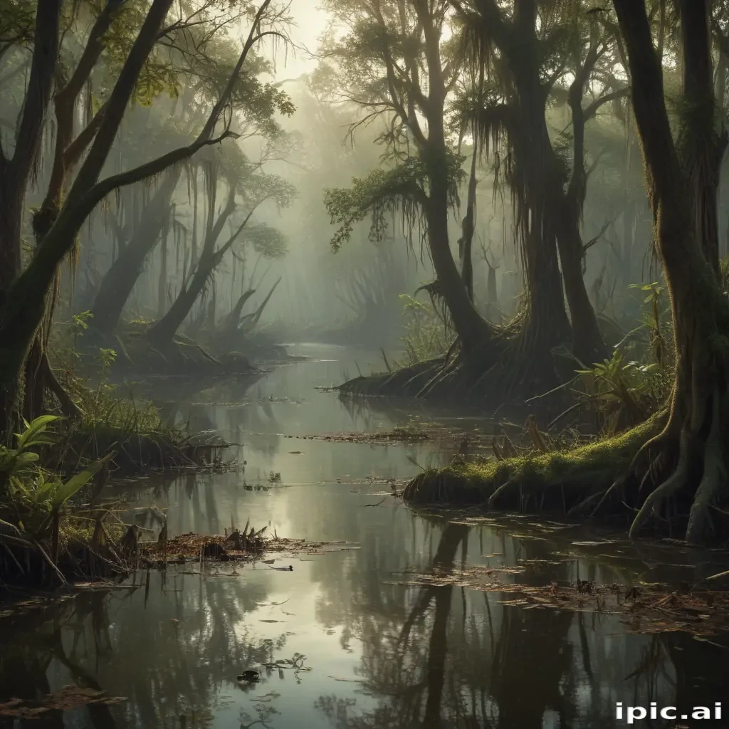 Serene Misty Morning in a Lush, Tranquil Forested Swamp Landscape