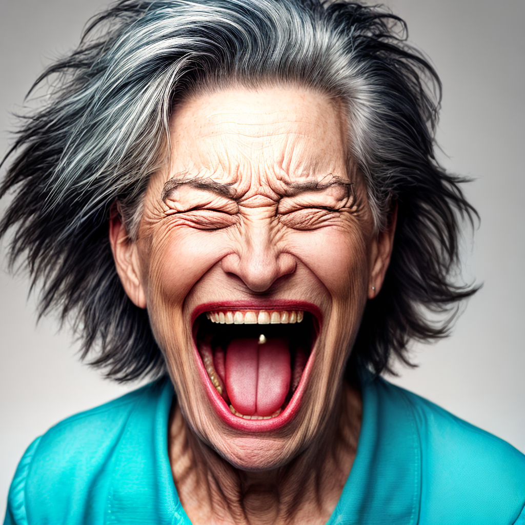 older mad woman screaming, viewed from one side