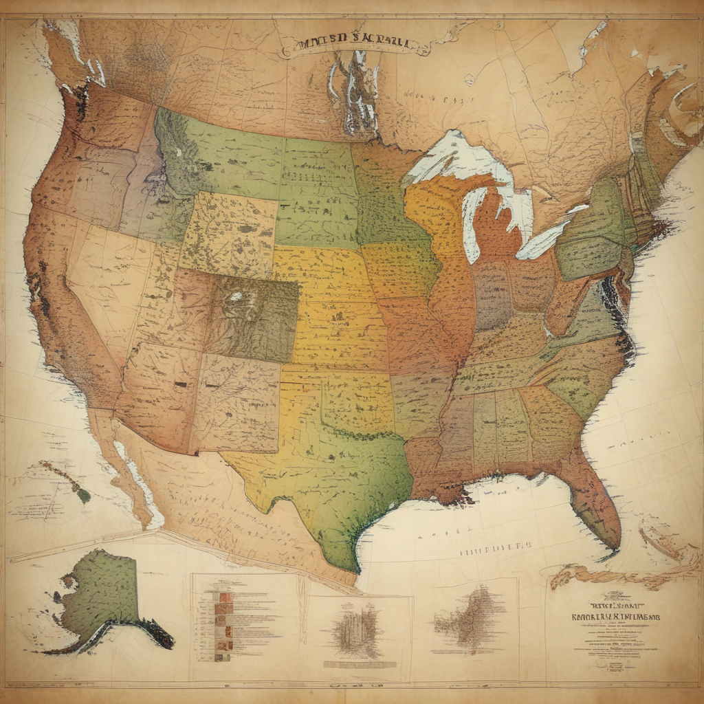 Historical Map of the United States Featuring State Boundaries and ...