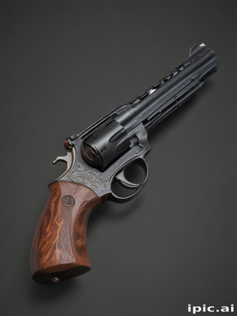 Elegant Revolver with Intricate Wood Handle Against a Dark Background.